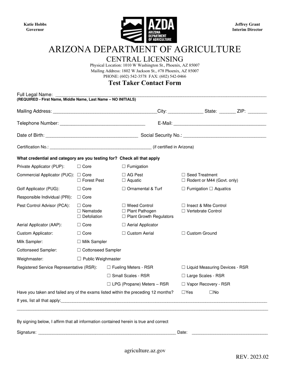 Arizona Test Taker Contact Form Download Fillable PDF | Templateroller