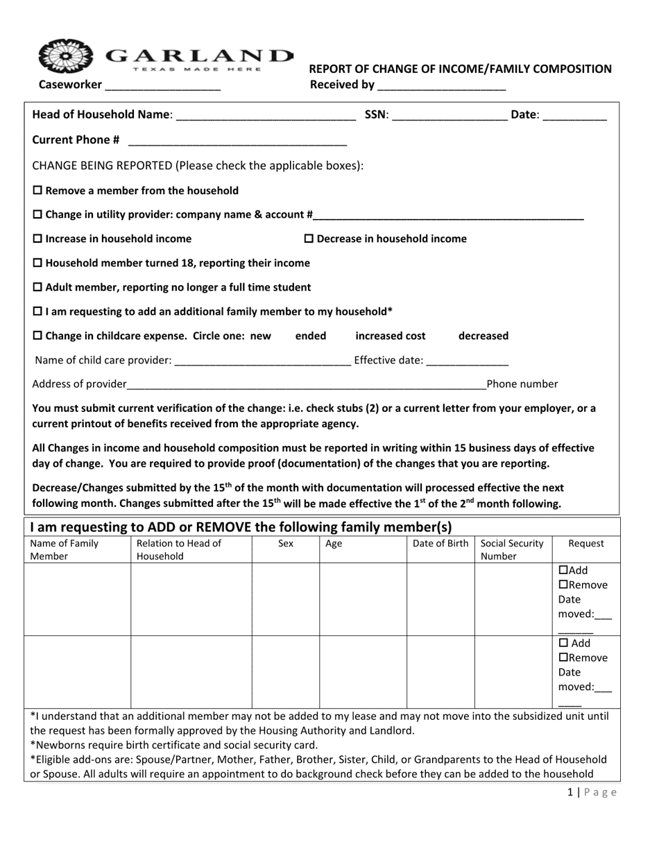 City of Garland, Texas Report of Change of Income/Family Composition ...