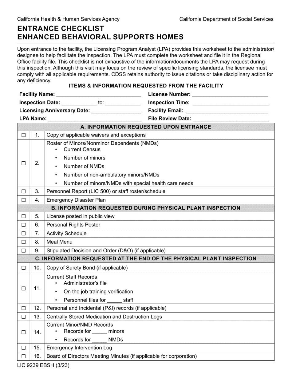 Form LIC9239 EBSH Download Fillable PDF or Fill Online Entrance ...