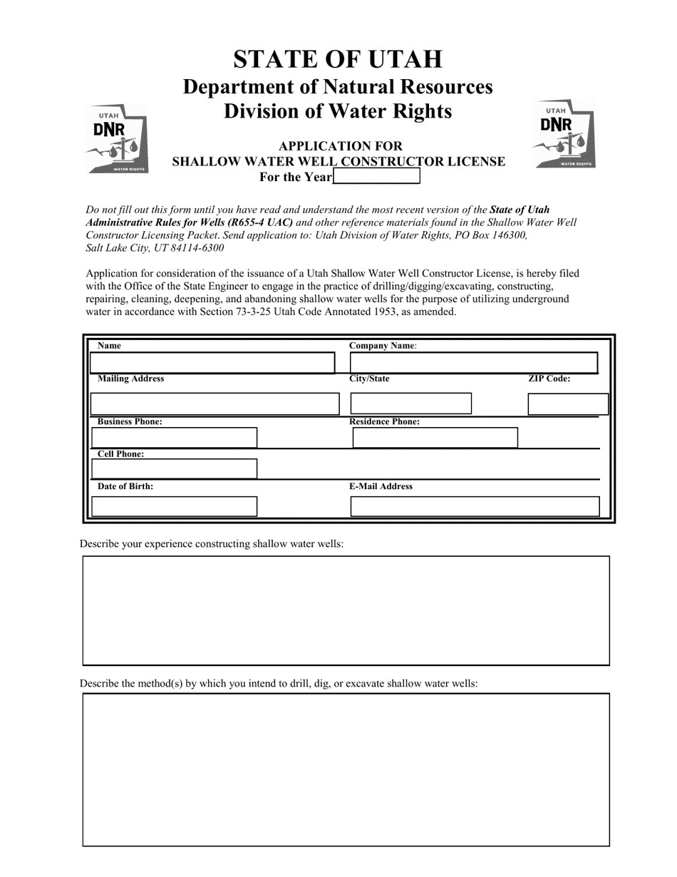 Utah Application for Shallow Water Well Constructor License - Fill Out ...