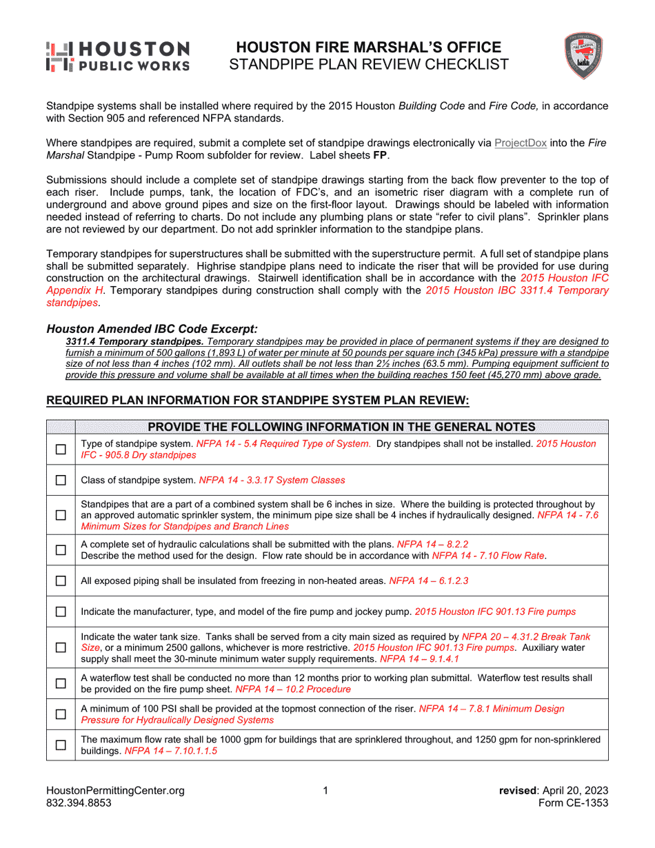 Form CE-1353 Download Fillable PDF or Fill Online Houston Fire Marshal ...