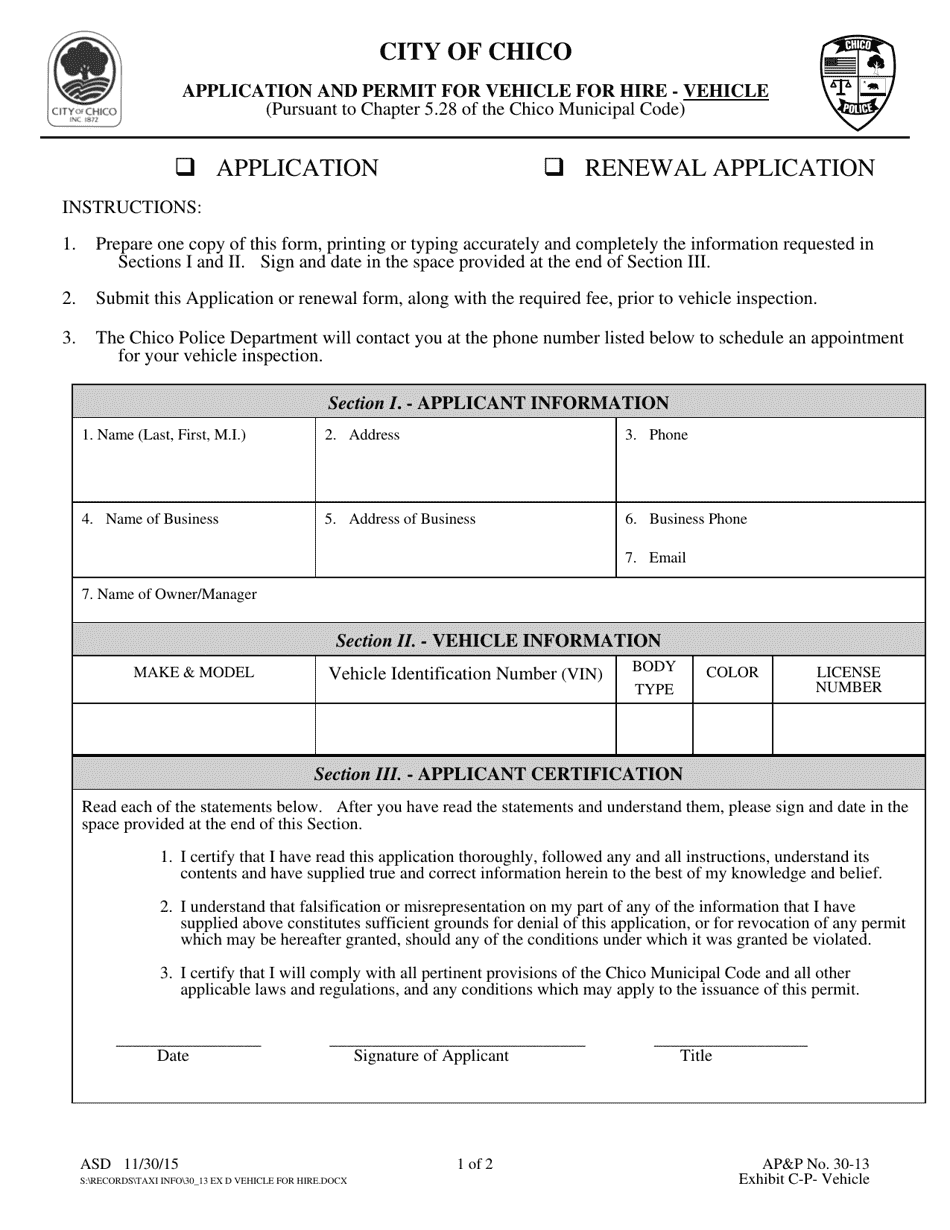 City of Chico, California Application and Permit for Vehicle for Hire ...