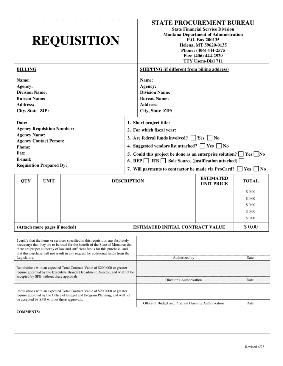 Montana Requisition - Fill Out, Sign Online and Download PDF ...