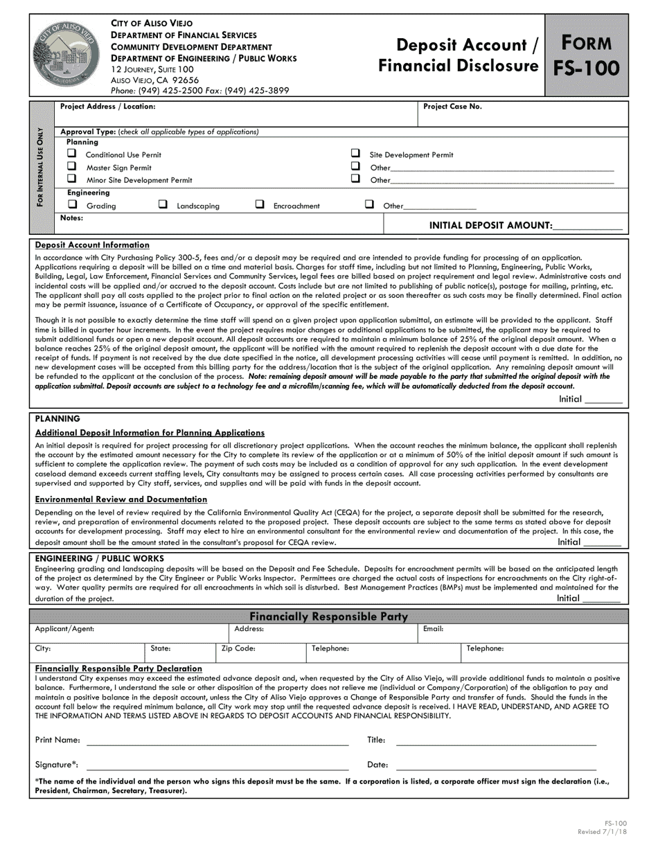 Form FS-100 - Fill Out, Sign Online and Download Printable PDF, City of ...