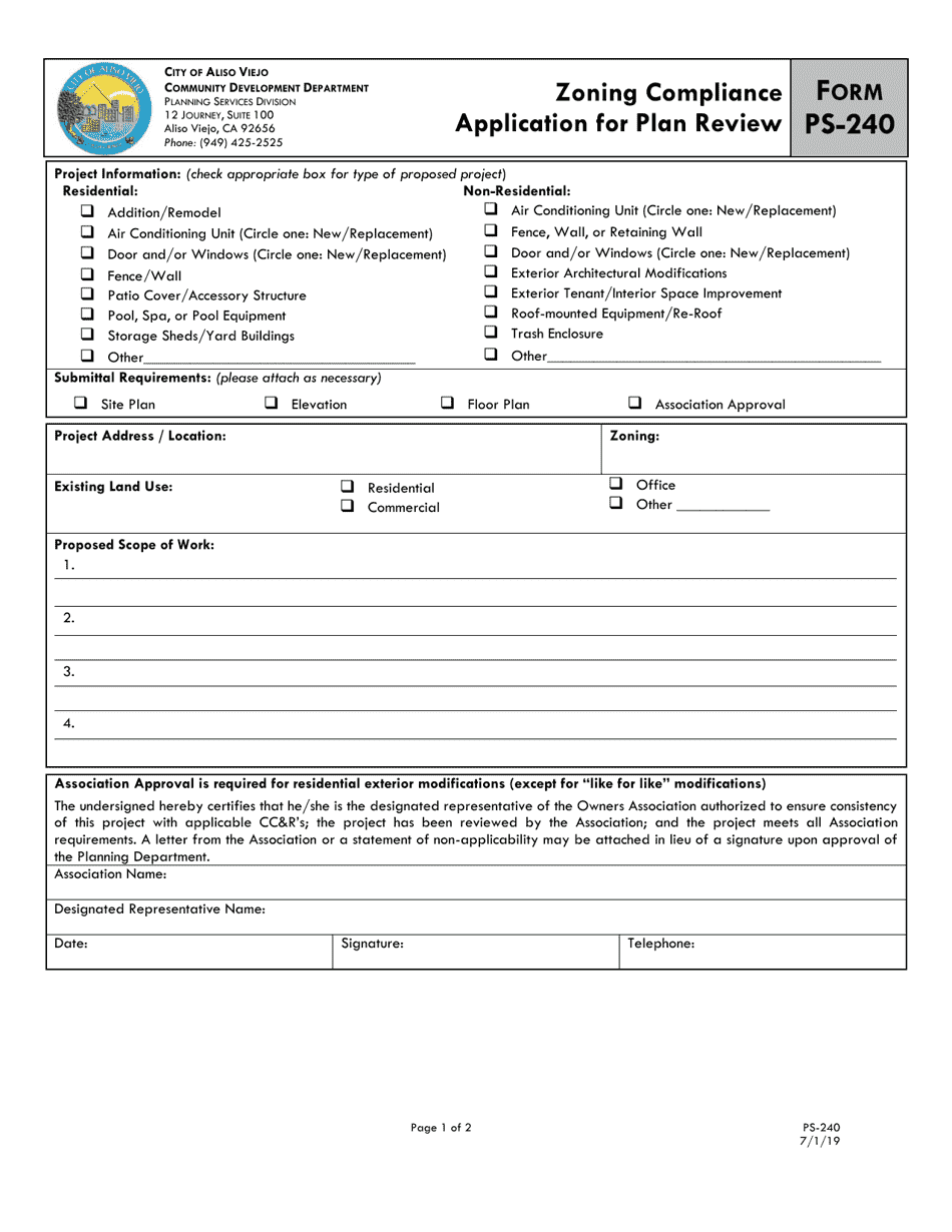 Form PS-240 - Fill Out, Sign Online and Download Printable PDF, City of ...