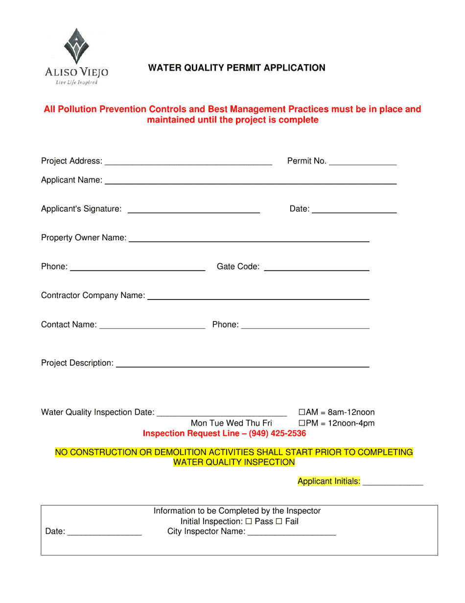 City of Aliso Viejo, California Water Quality Permit Application - Fill ...