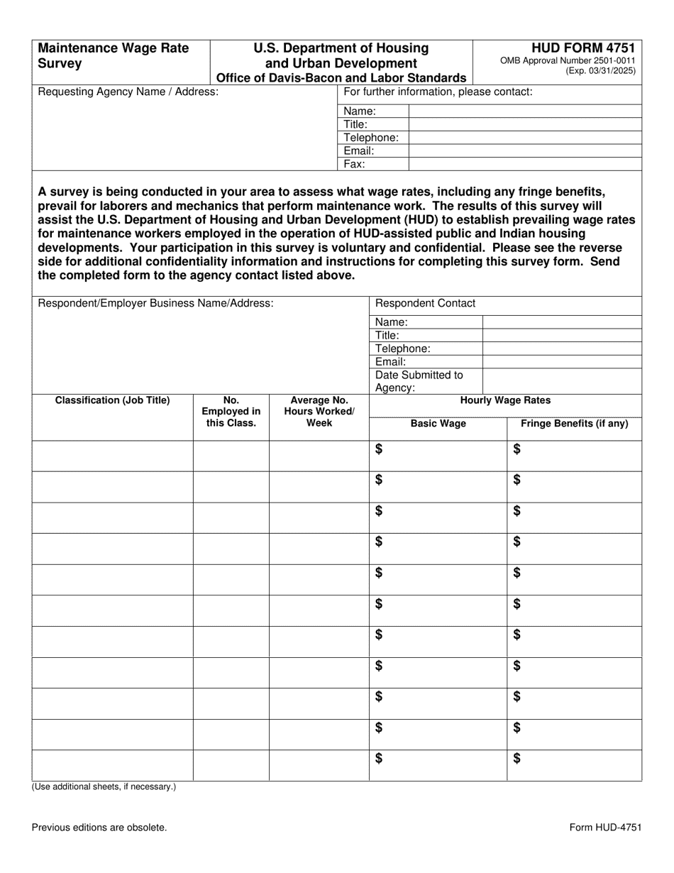 Form HUD-4751 Download Fillable PDF or Fill Online Maintenance Wage ...