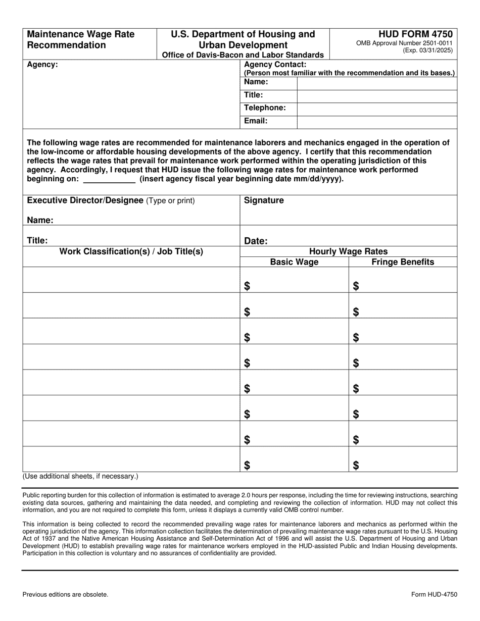 Form HUD-4750 Download Fillable PDF or Fill Online Maintenance Wage ...