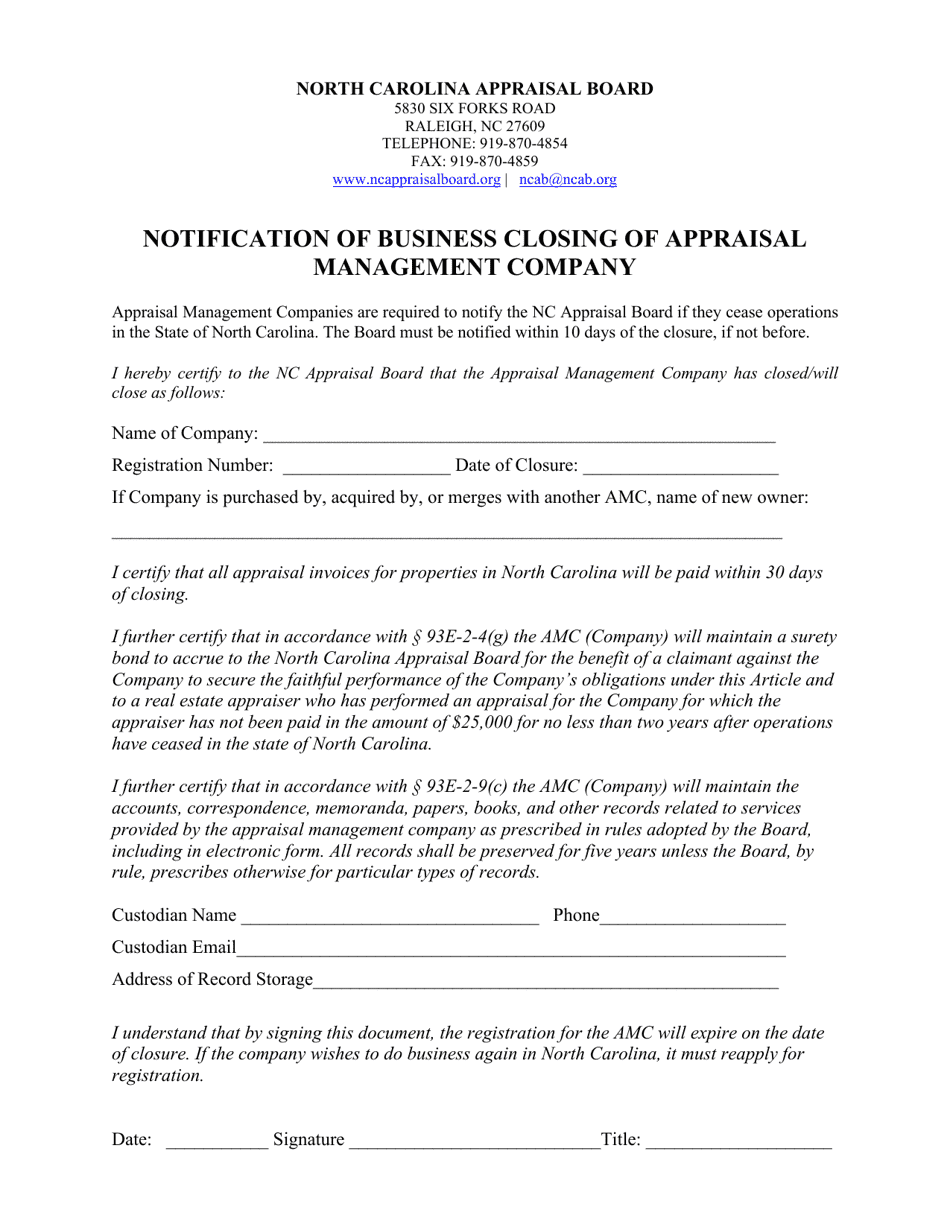 North Carolina Notification of Business Closing of Appraisal Management ...