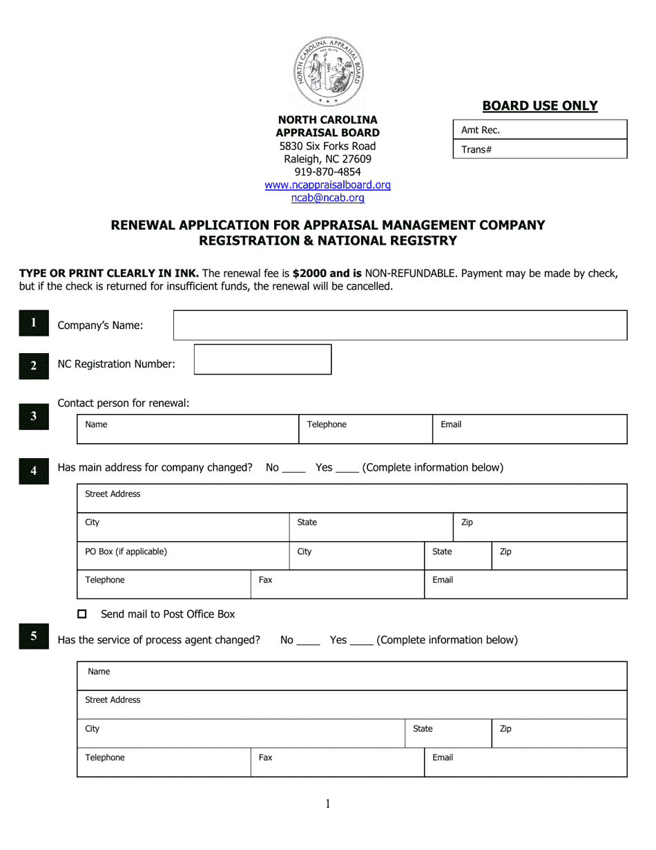 North Carolina Renewal Application for Appraisal Management Company ...