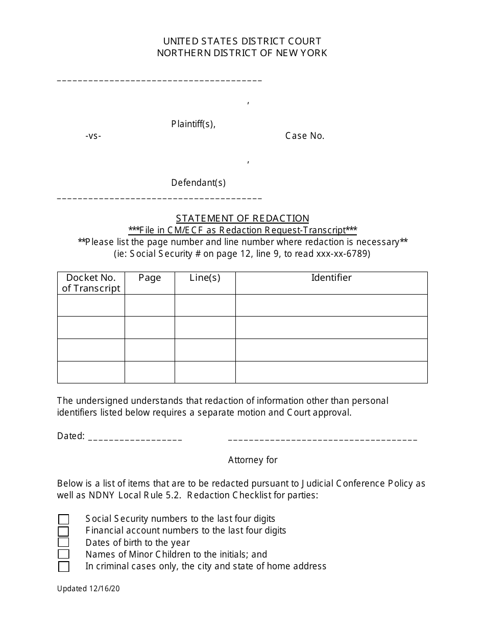 New York Statement of Redaction - Fill Out, Sign Online and Download ...