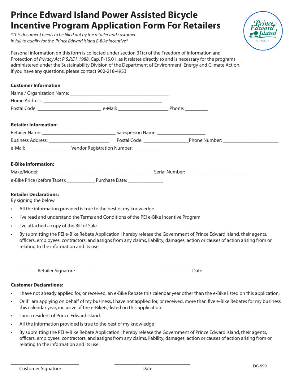 Form DG-999 Download Fillable PDF or Fill Online Application Form for Retailers - Prince Edward ...