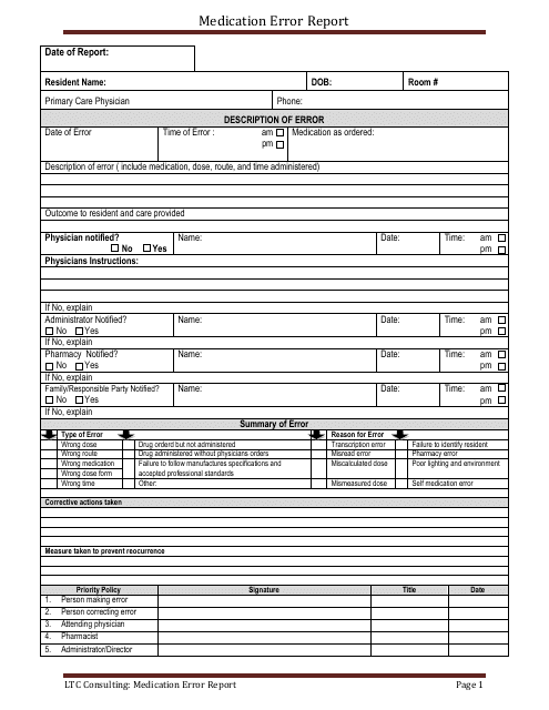 Printable Medication Error Reporting Form