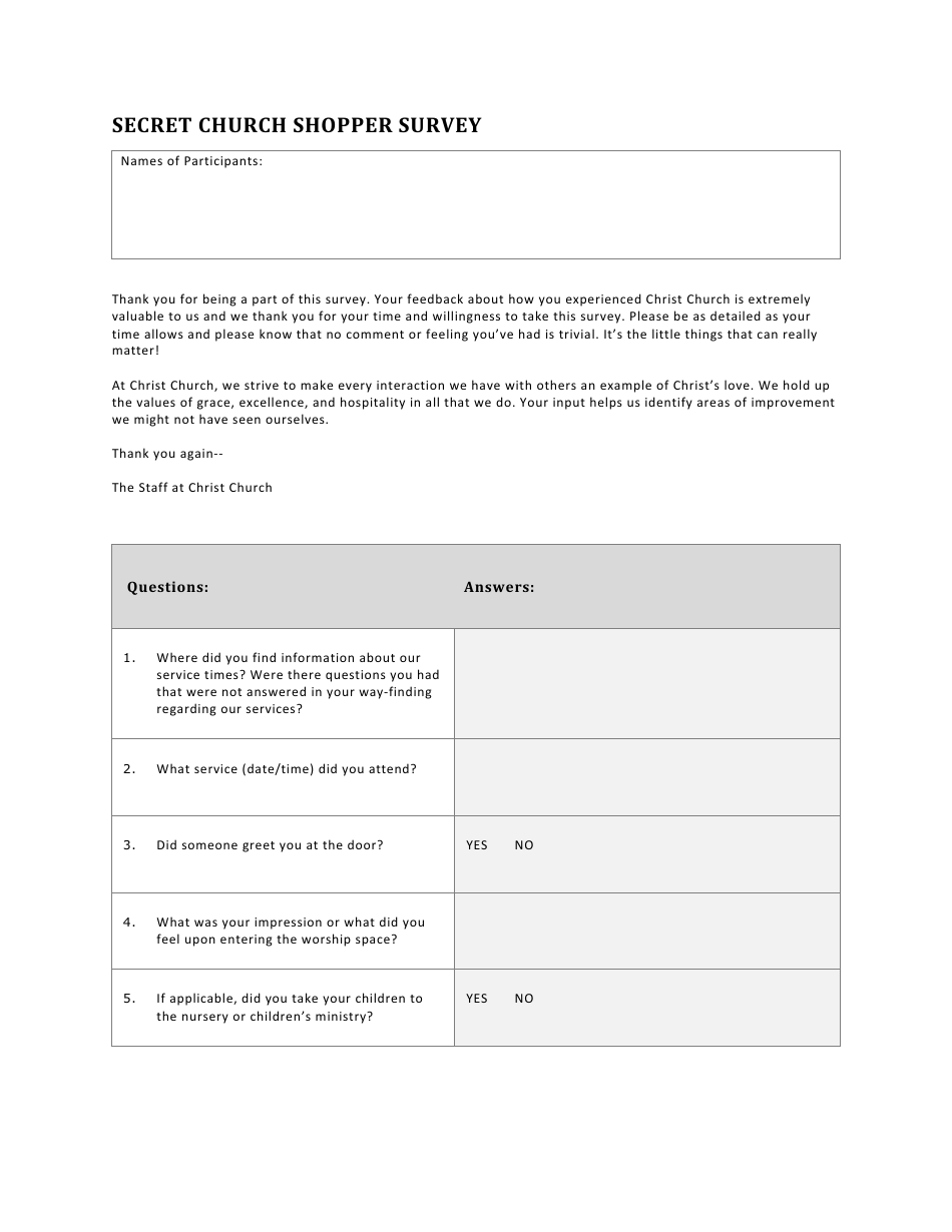 Secret Church Shopper Survey Form - Christ Church - Fill Out, Sign ...