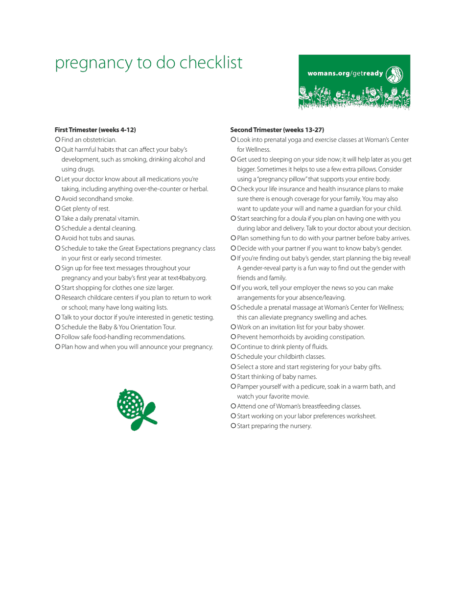 Pregnancy to Do Checklist Download Printable PDF | Templateroller