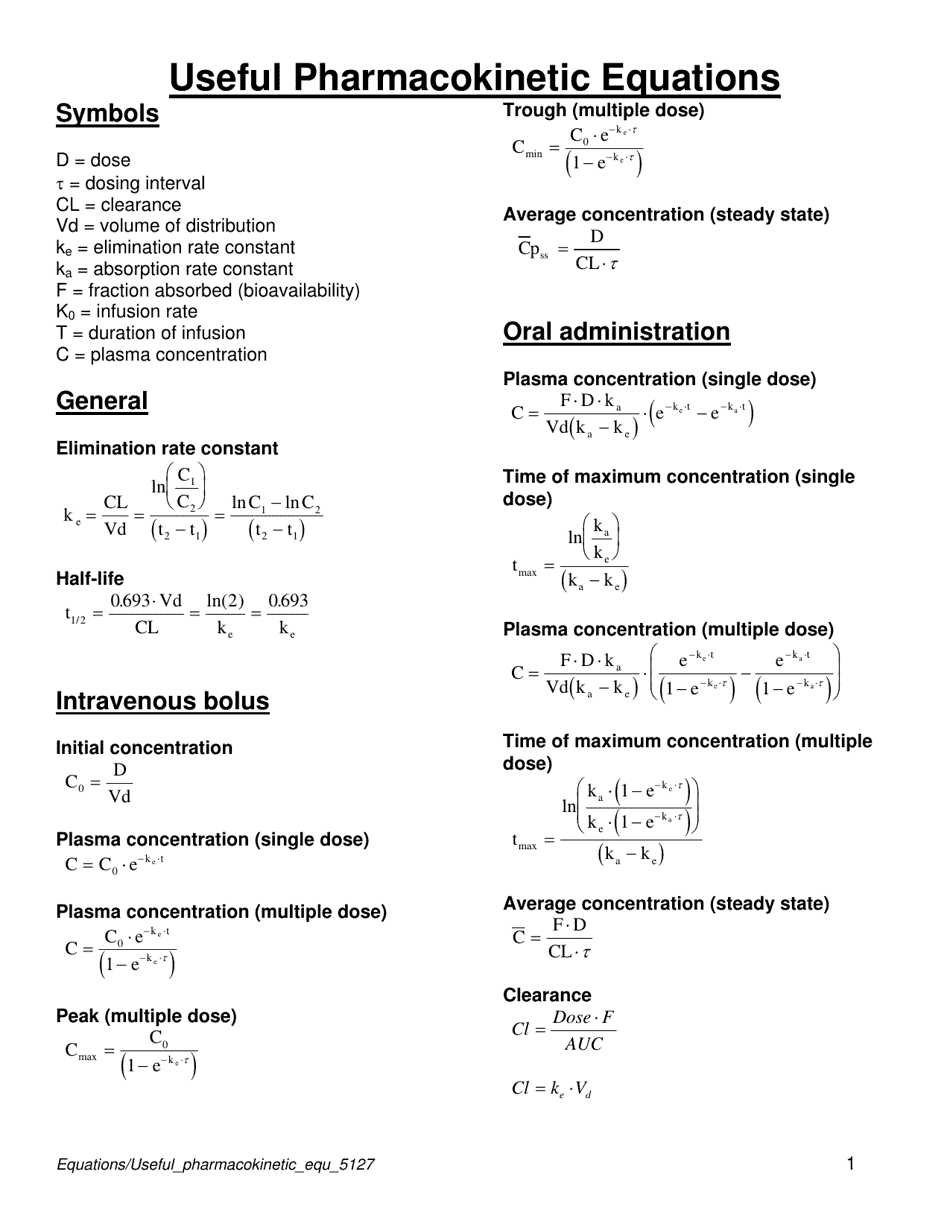 Useful Pharmacokinetic Equations Download Printable PDF | Templateroller