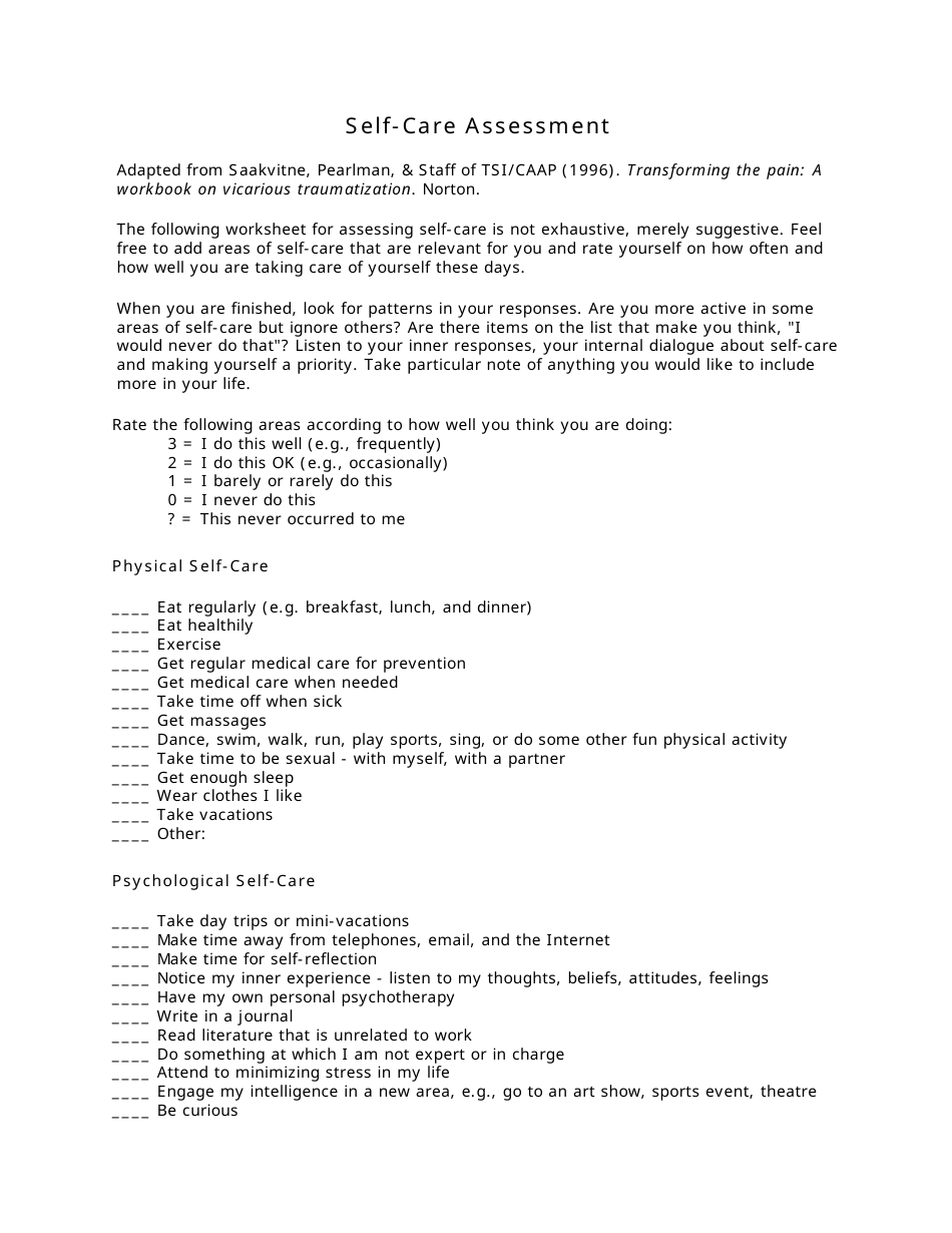 Self-care Assessment Download Fillable PDF | Templateroller