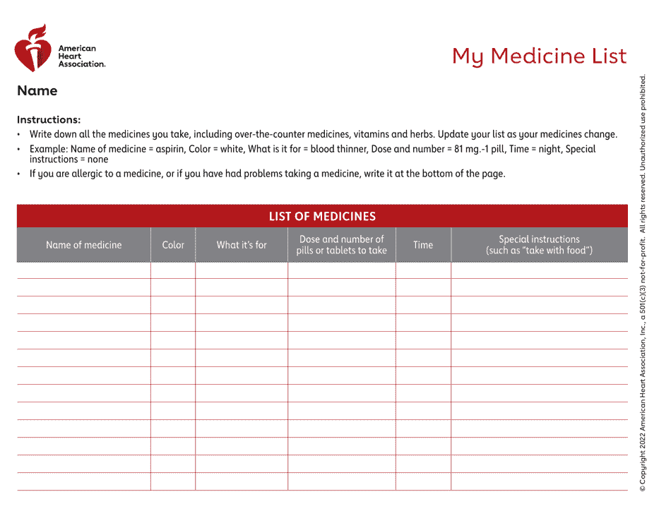 Personal Medicine List - American Heart Association Download Fillable ...