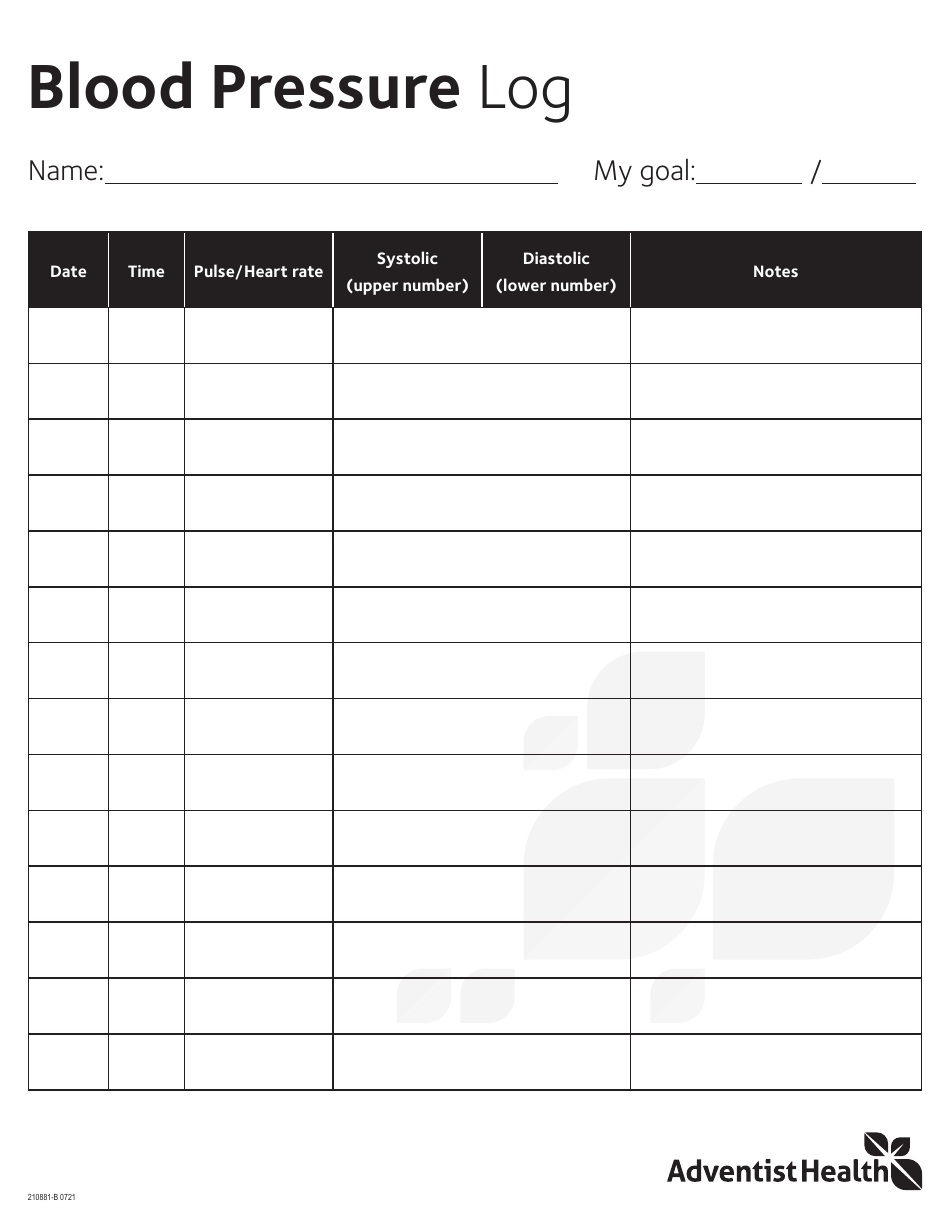 Blood Pressure Log - Adventist Health Download Printable PDF ...