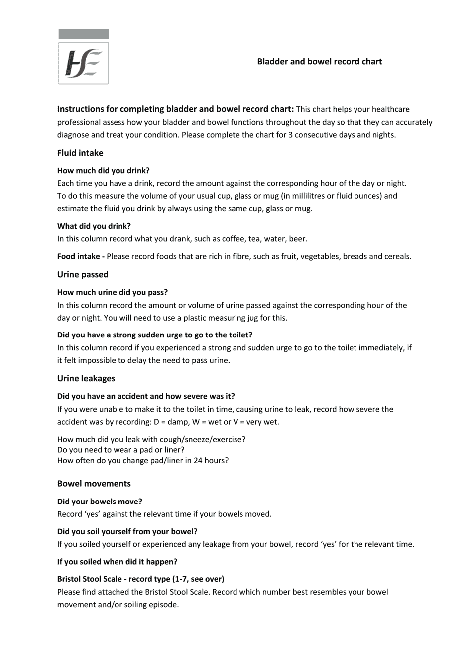 Bladder and Bowel Record Chart Download Printable PDF | Templateroller