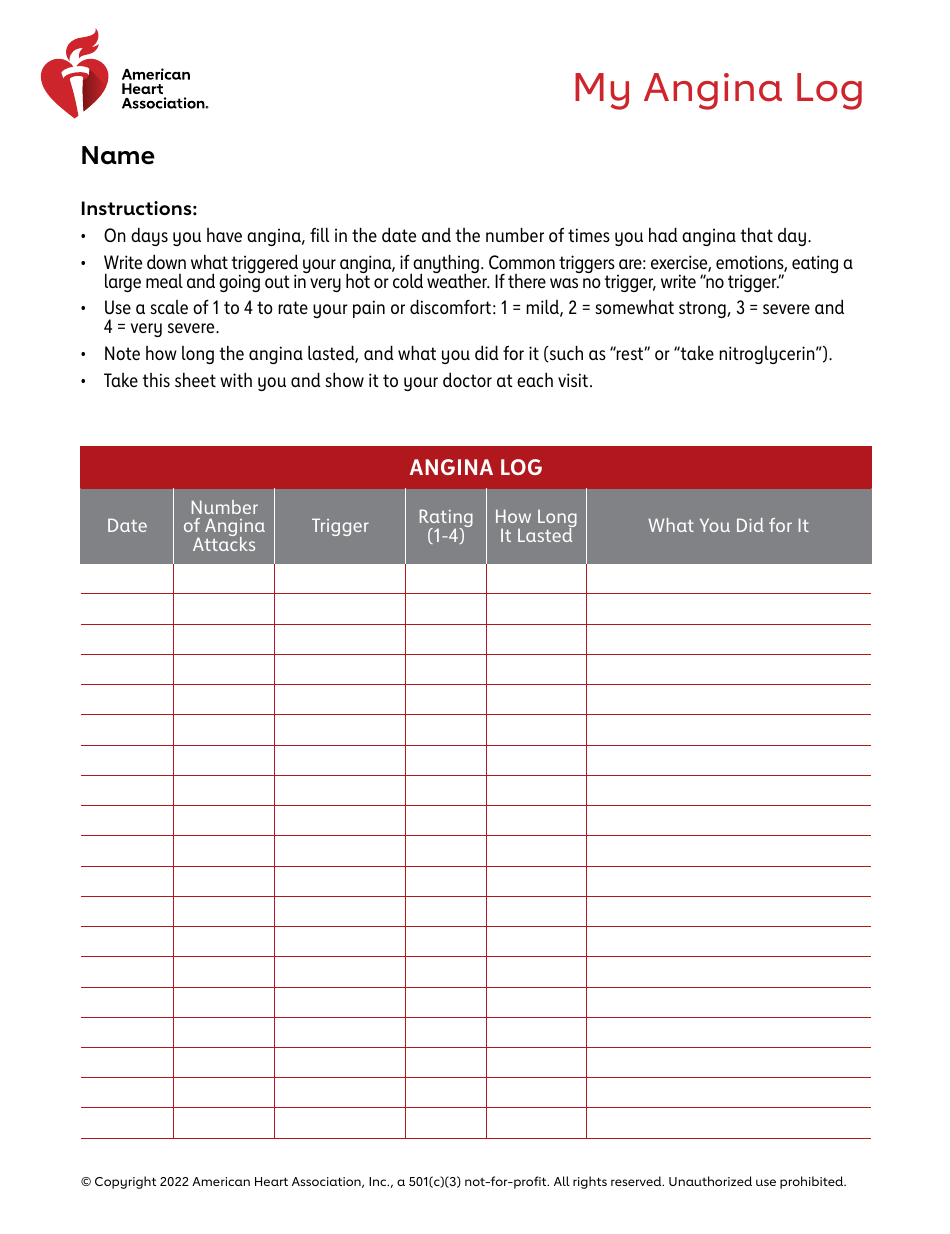 Angina Log Template - American Heart Association Download Fillable PDF ...