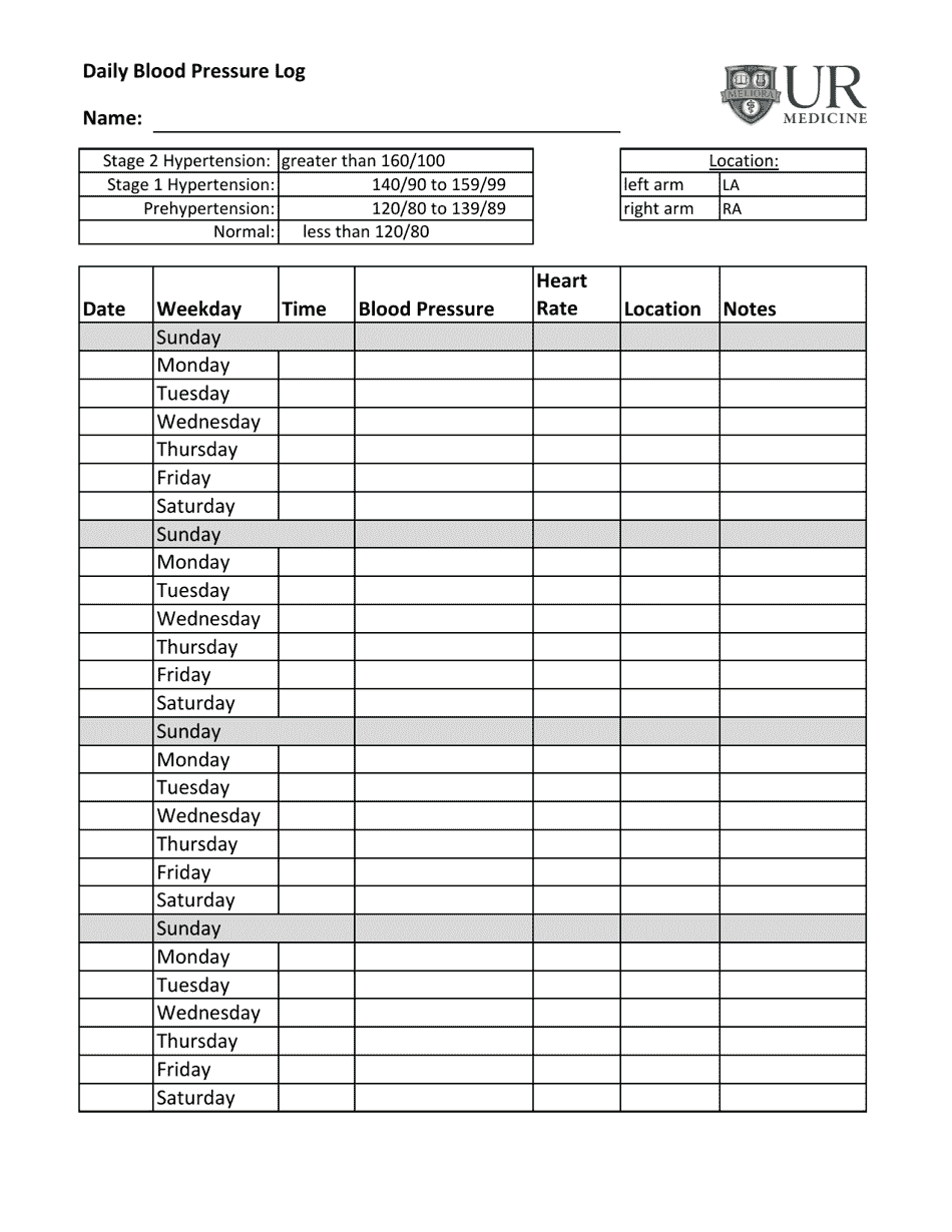 Daily Blood Pressure Log - Ur Medicine Download Printable PDF ...