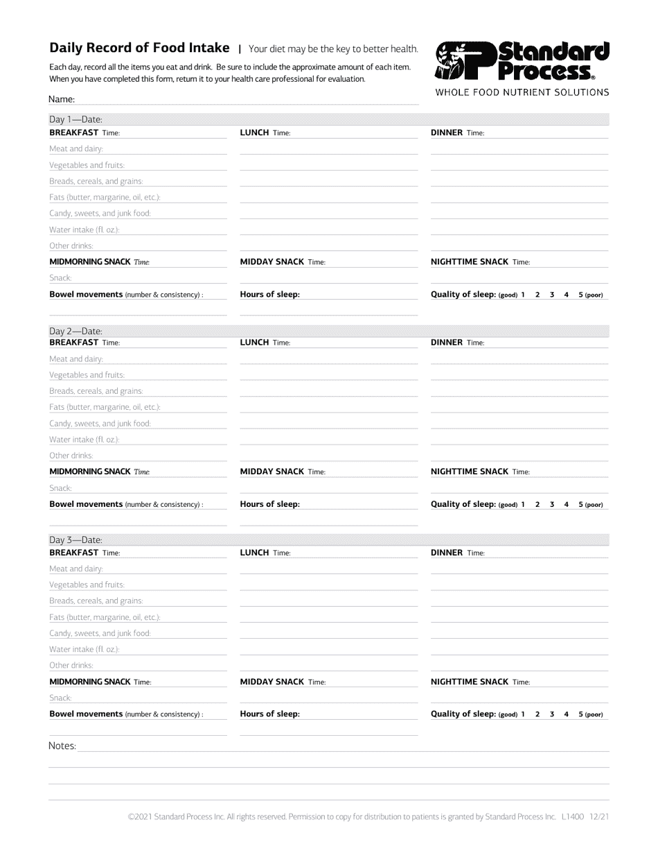 Daily Food Intake Record Sheet - Standard Process Download Printable ...