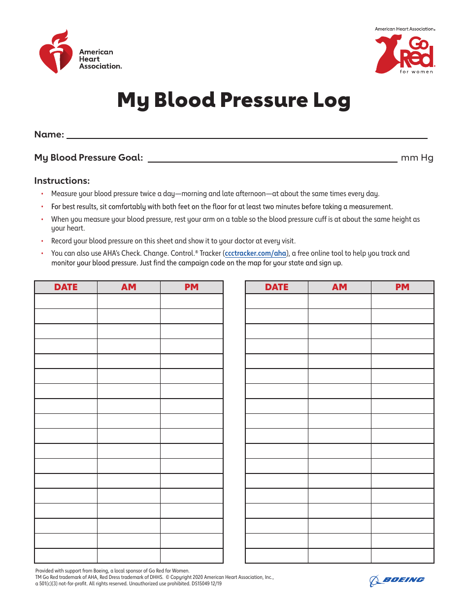 Blood Pressure Log - American Heart Association, Boeing Download ...
