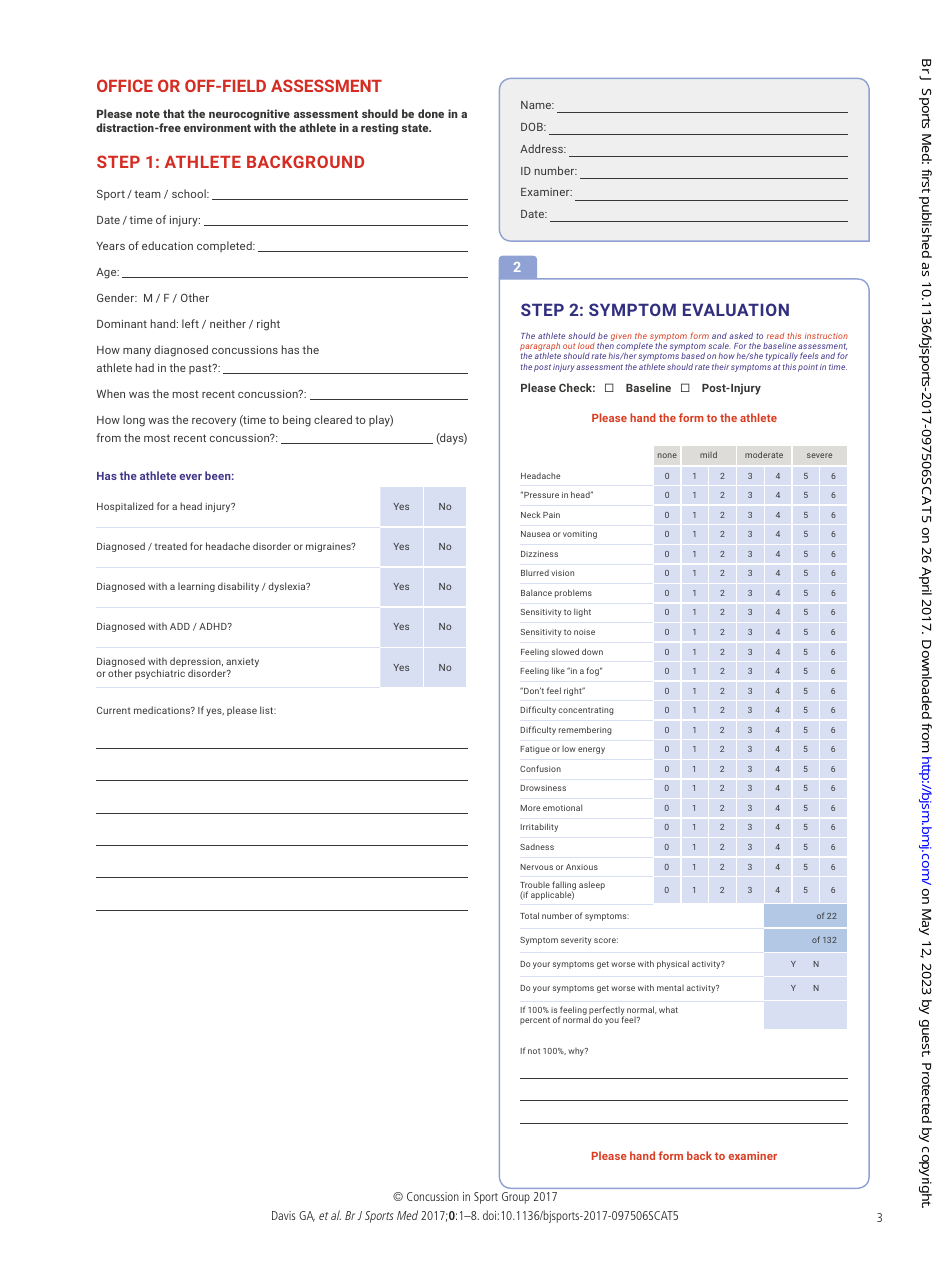 Sport Concussion Assessment Tool (Scat5) - Concussion in Sport Group Download Printable PDF ...
