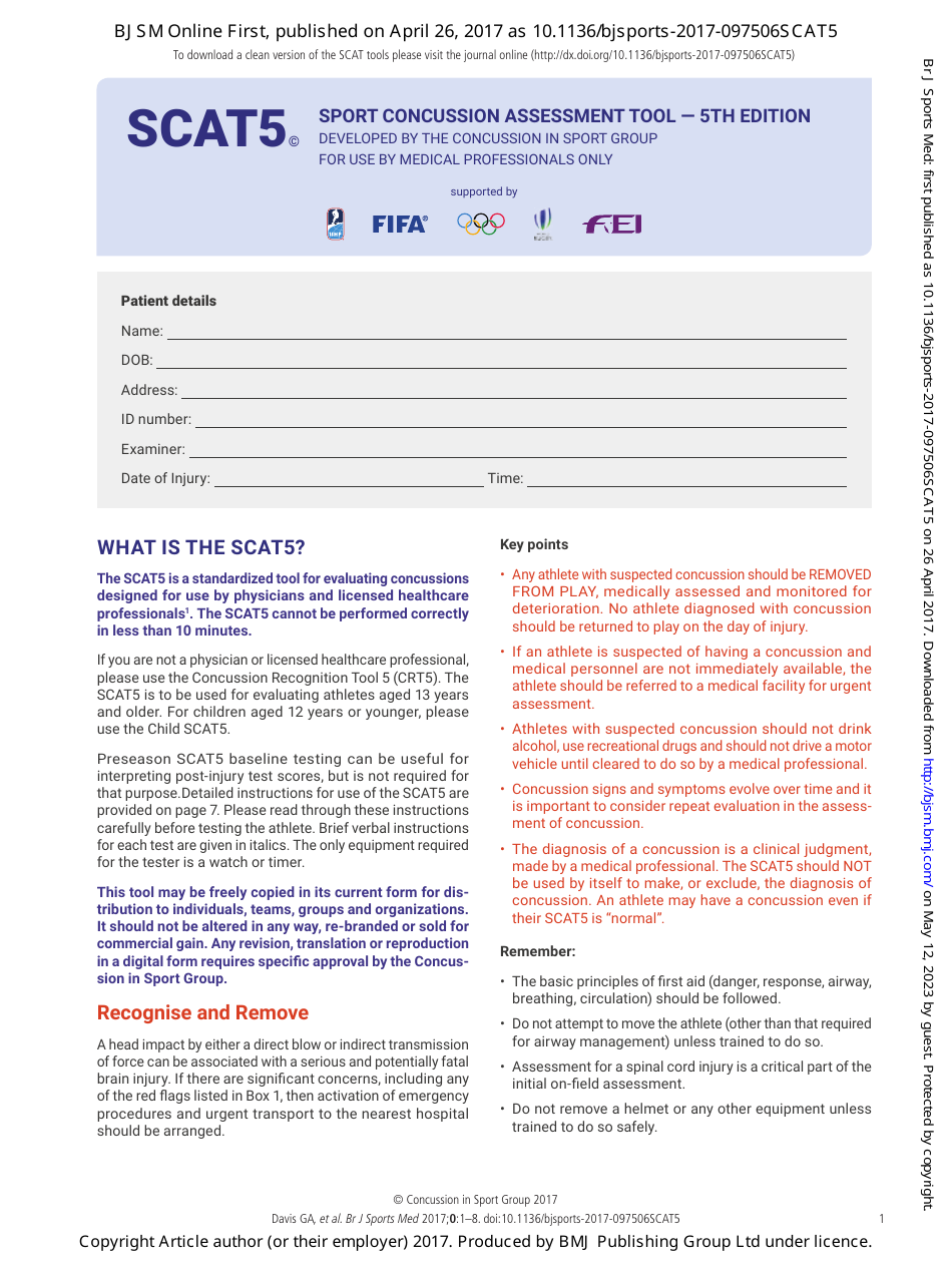 Sport Concussion Assessment Tool (Scat5) - Concussion in Sport Group ...
