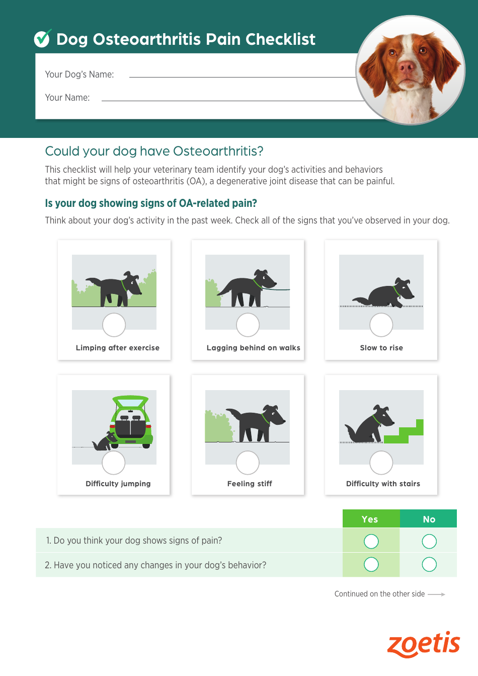 Dog Osteoarthritis Pain Checklist Download Printable PDF | Templateroller