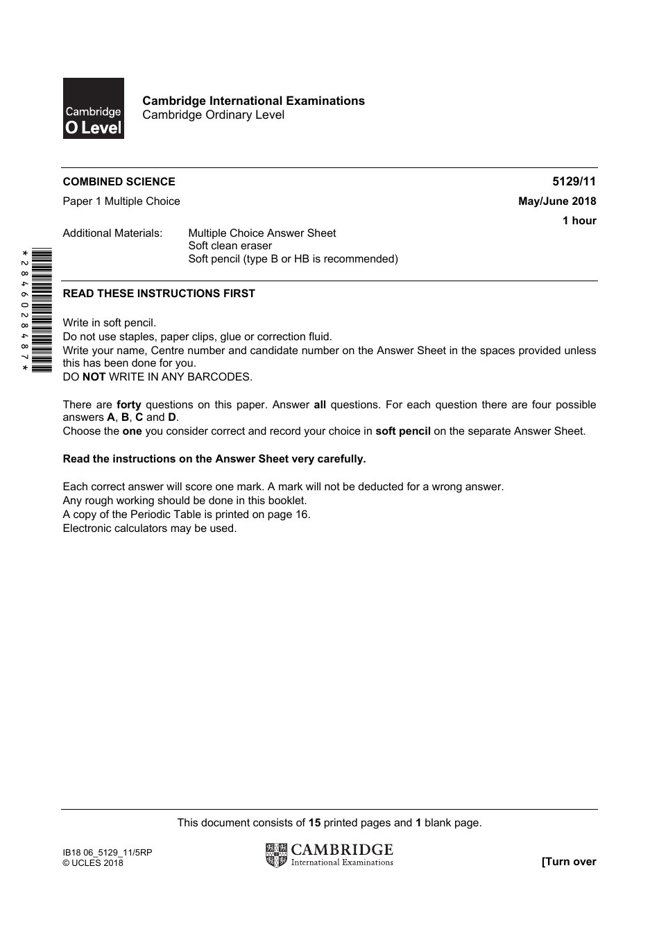 Cambridge International Examinations Cambridge Ordinary Level: Combined ...