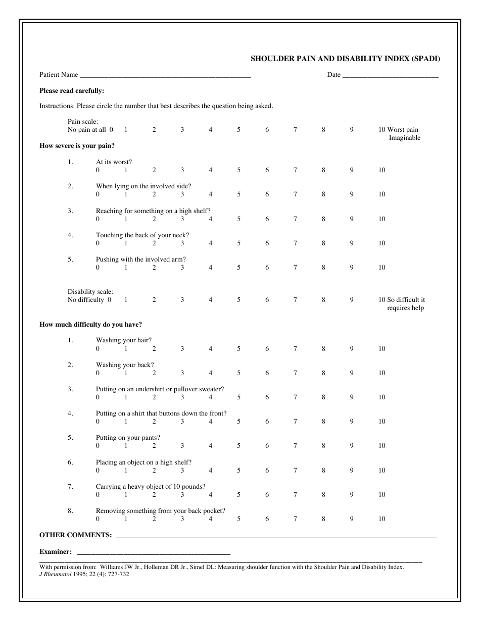 Shoulder Pain and Disability Index (Spadi) Download Printable PDF ...