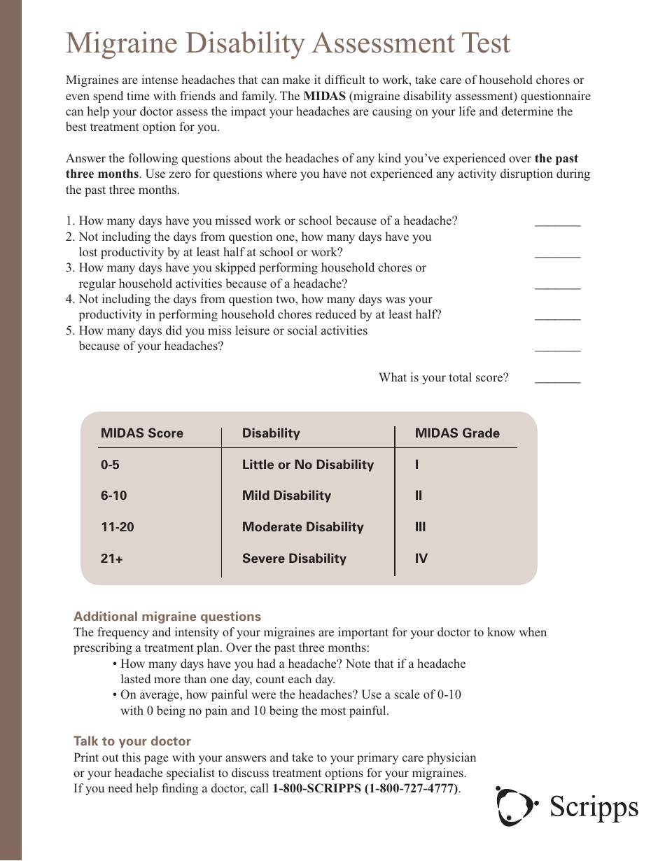 Migraine Disability Assessment Test Download Printable PDF | Templateroller