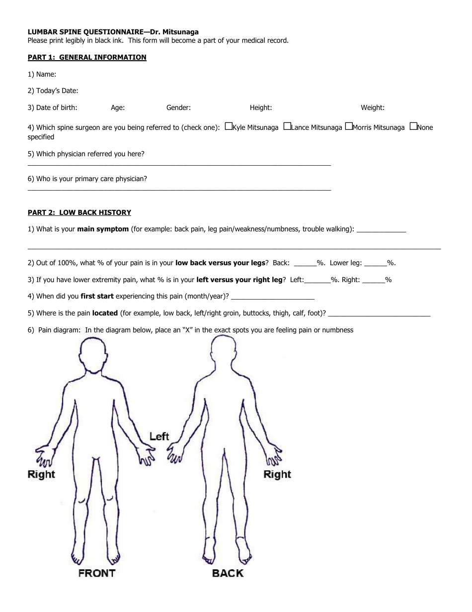 Lumbar Spine Questionnaire Download Printable PDF | Templateroller