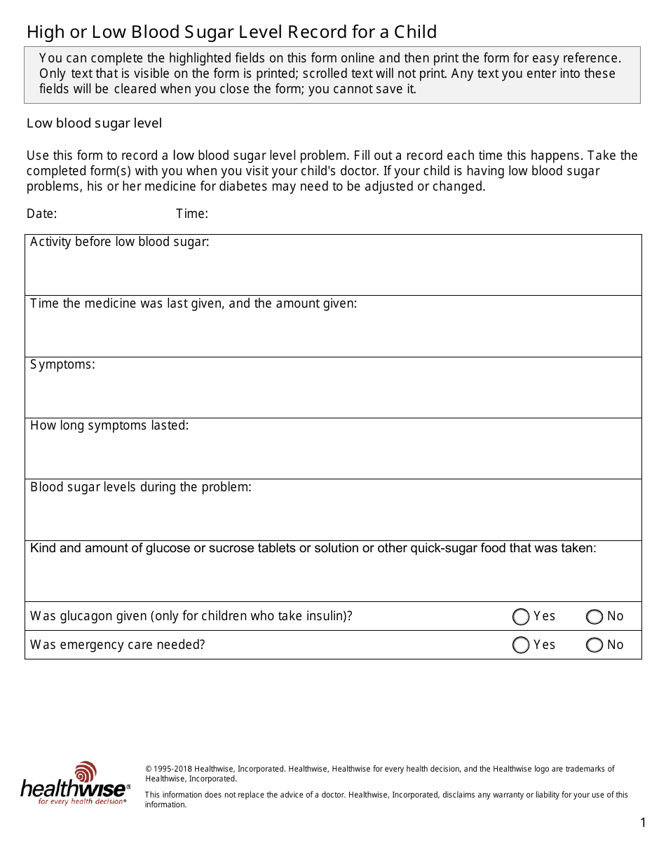 High or Low Blood Sugar Level Record for a Child - Healthwise Download ...