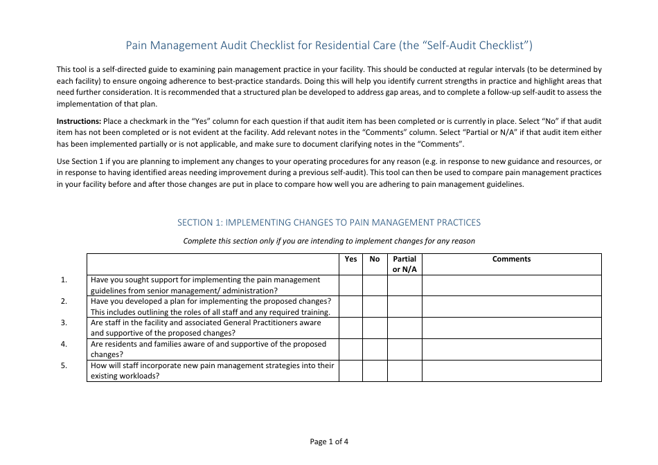 Pain Management Audit Checklist for Residential Care (The Self-audit ...
