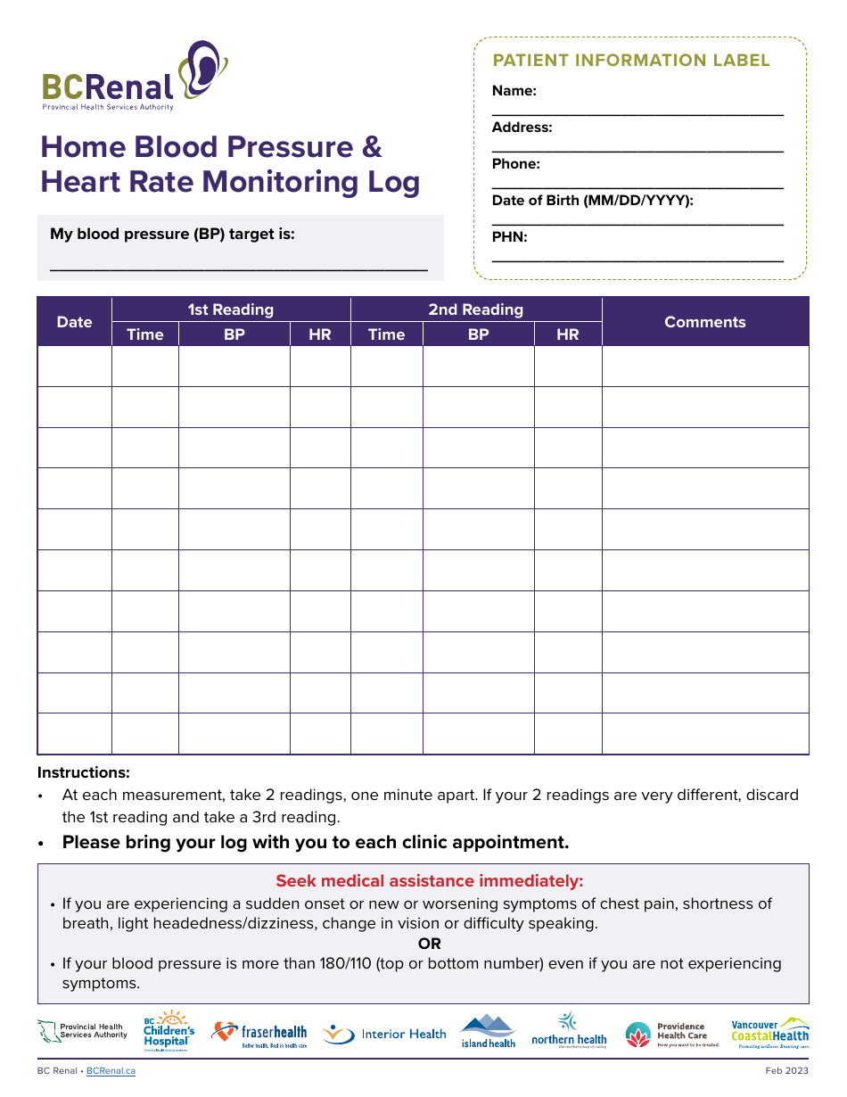 Home Blood Pressure & Heart Rate Monitoring Log Download Printable PDF ...