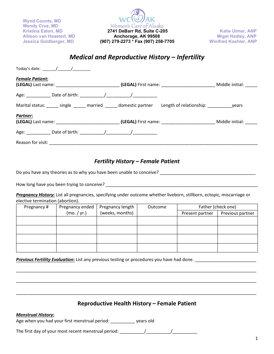 Medical and Reproductive History - Infertility Download Printable PDF ...