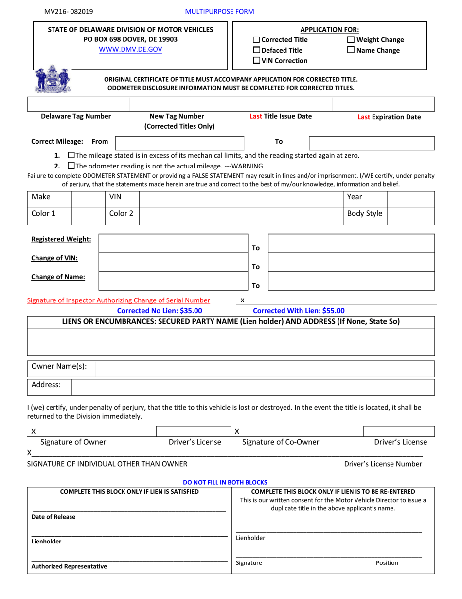 Form MV216 - Fill Out, Sign Online and Download Fillable PDF, Delaware ...