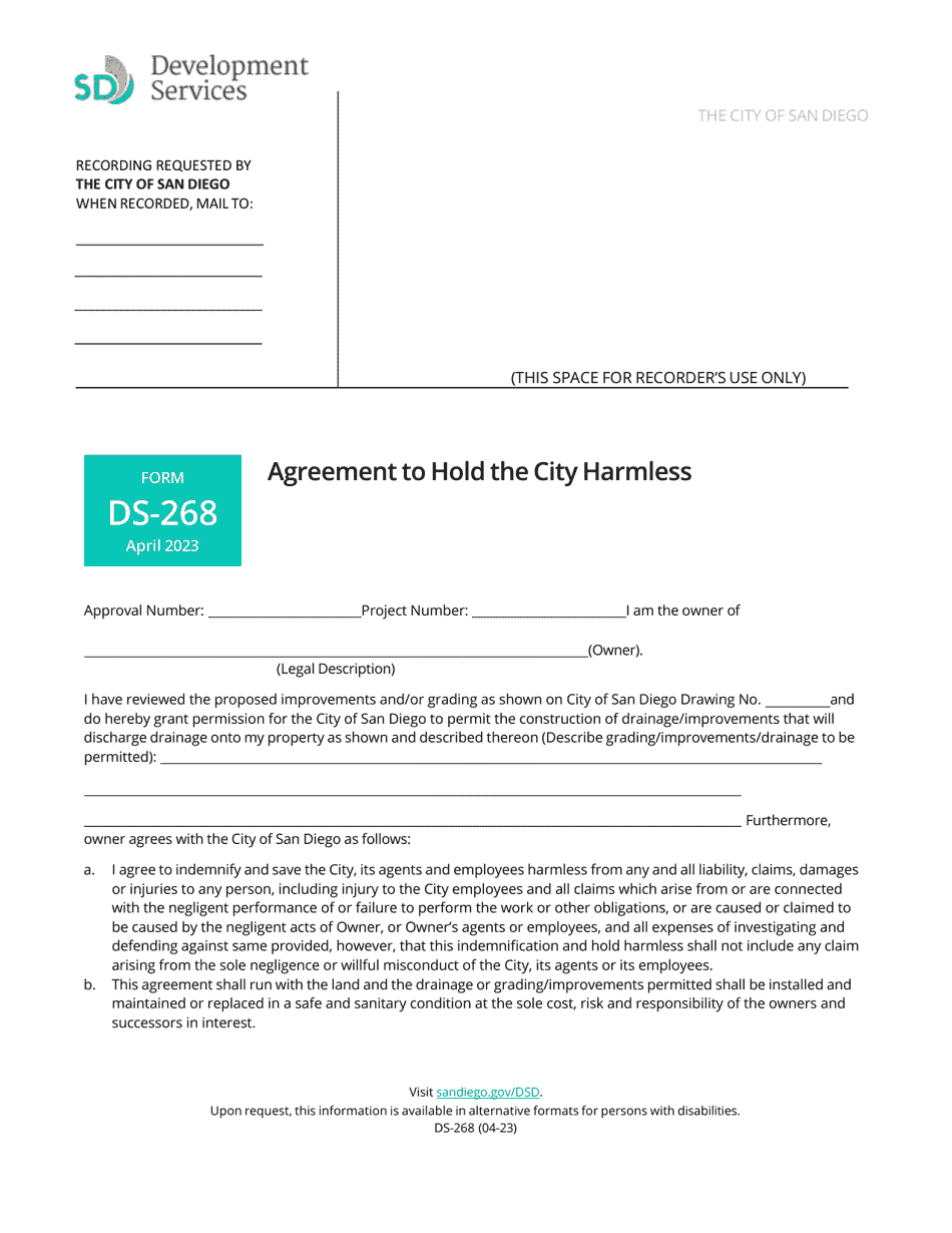 Form DS-268 Download Fillable PDF or Fill Online Agreement to Hold the ...