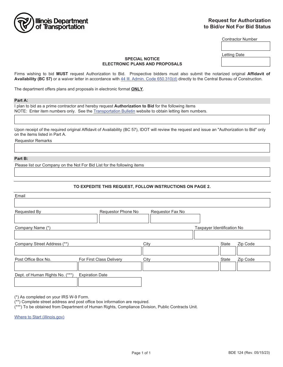 Form BDE124 Download Fillable PDF or Fill Online Request for ...
