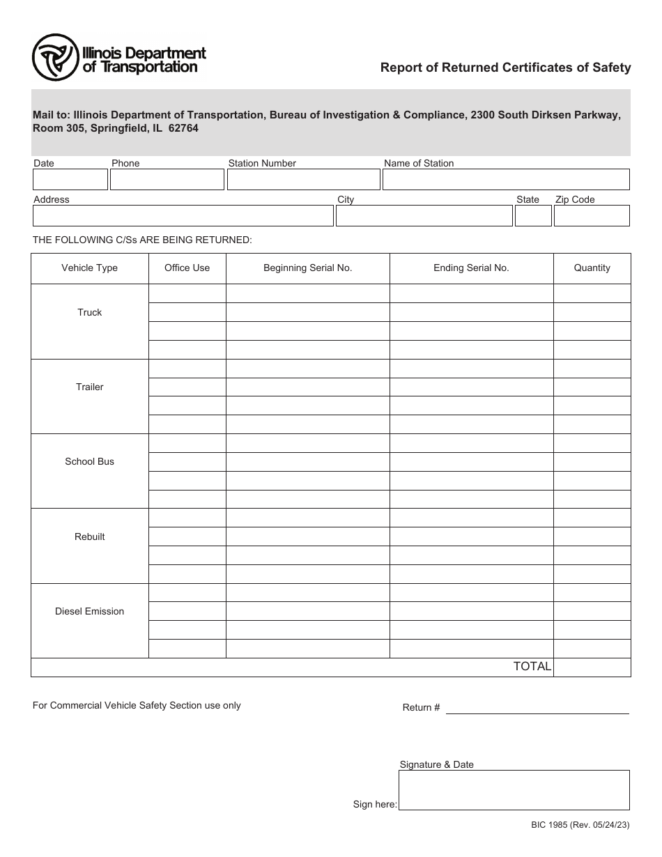 Form BIC1985 Download Fillable PDF or Fill Online Report of Returned ...