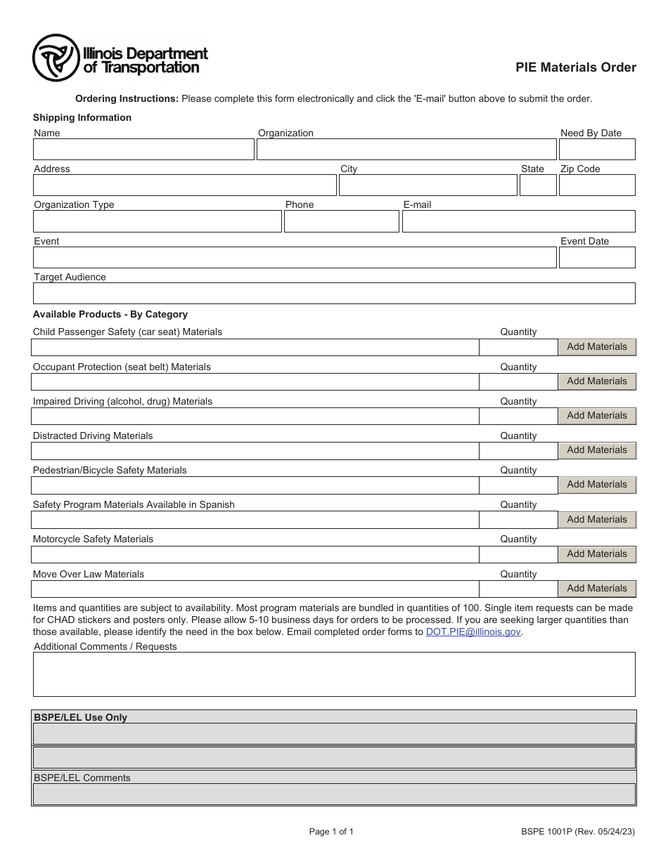 Form BSPE1001P Download Fillable PDF or Fill Online Pie Materials Order ...
