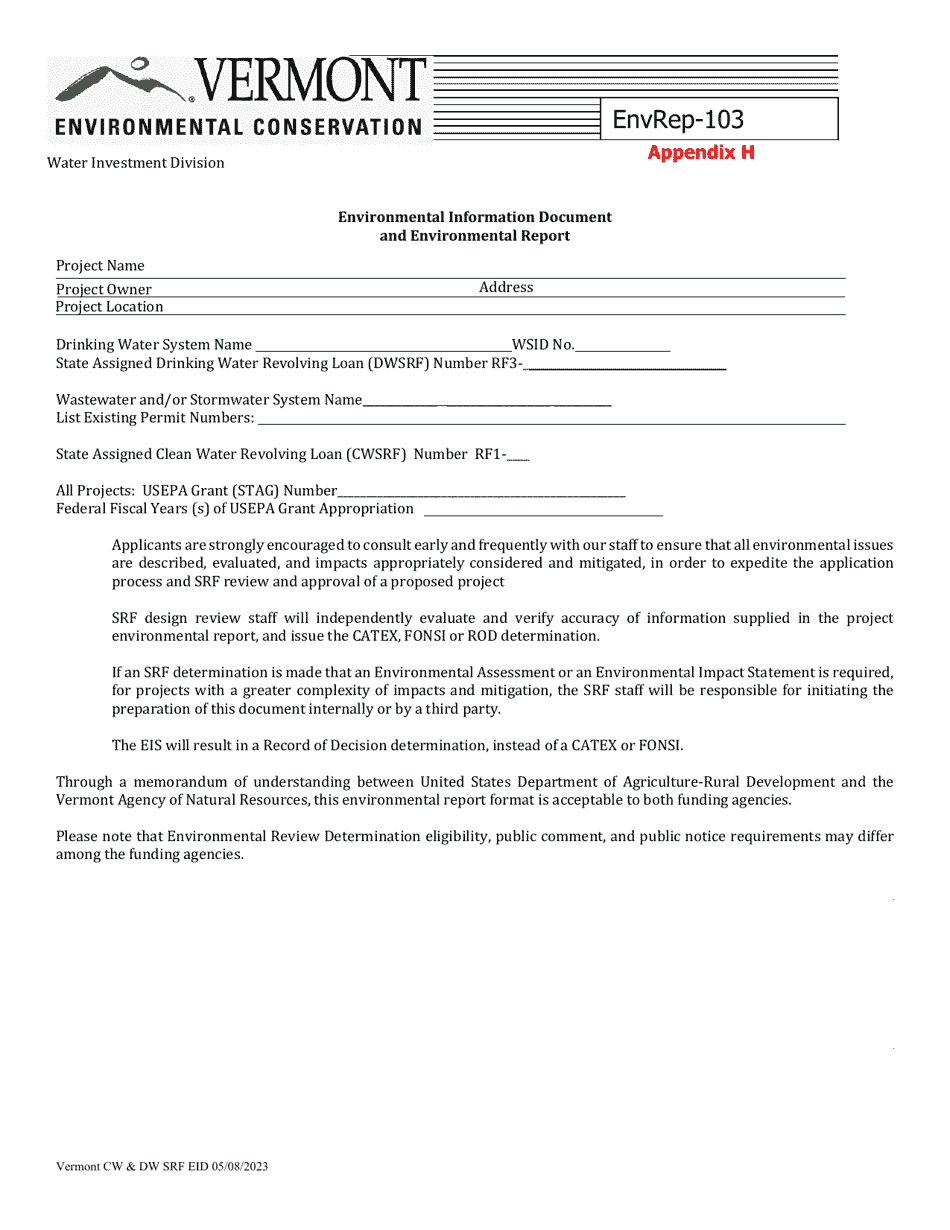 Vermont Environmental Information Document and Environmental Report ...