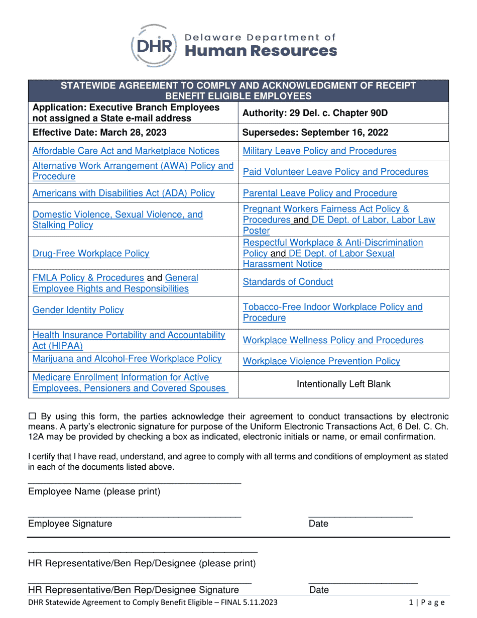 Delaware Statewide Agreement to Comply and Acknowledgment of Receipt ...