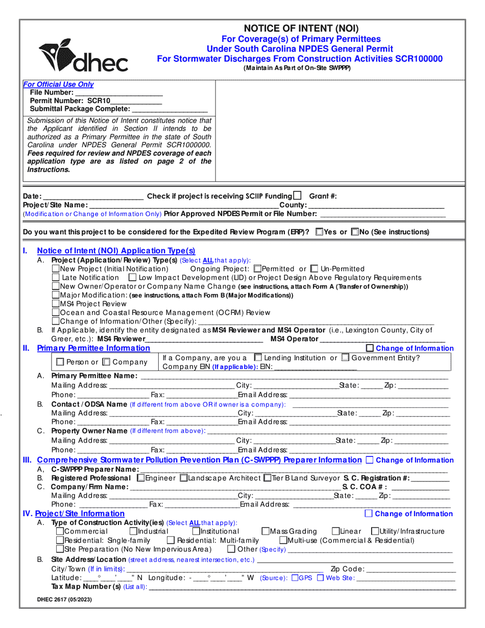 DHEC Form 2617 Download Fillable PDF or Fill Online Notice of Intent ...