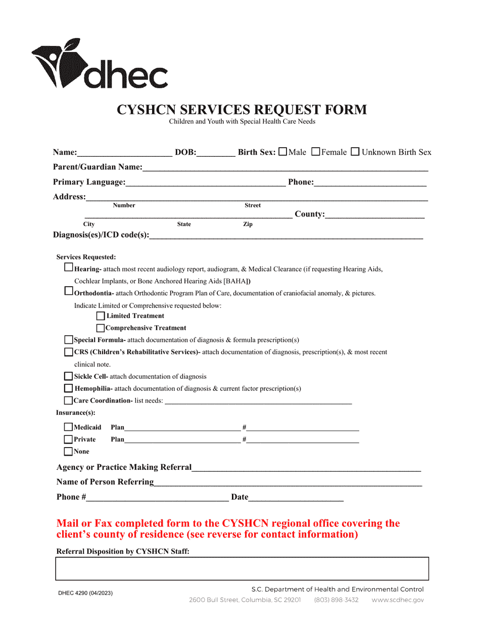 DHEC Form 4290 Download Fillable PDF or Fill Online Cyshcn Services ...