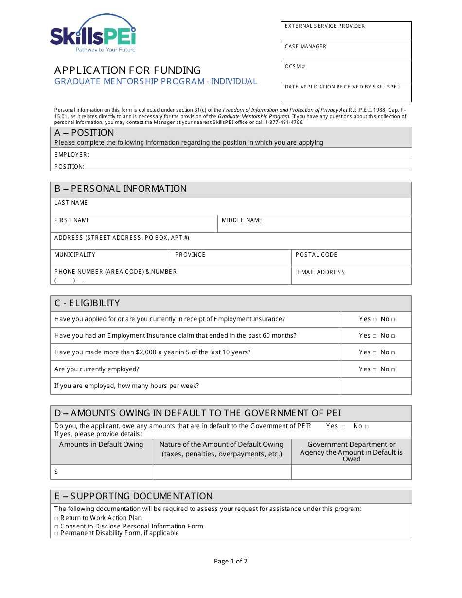 Prince Edward Island Canada Application for Funding - Graduate Mentorship Program - Individual ...