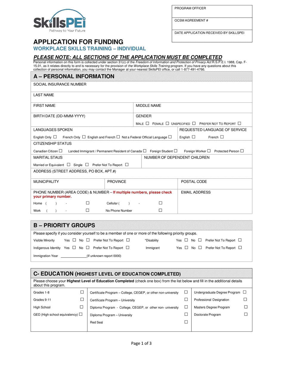 Prince Edward Island Canada Application for Funding - Workplace Skills Training - Individual ...